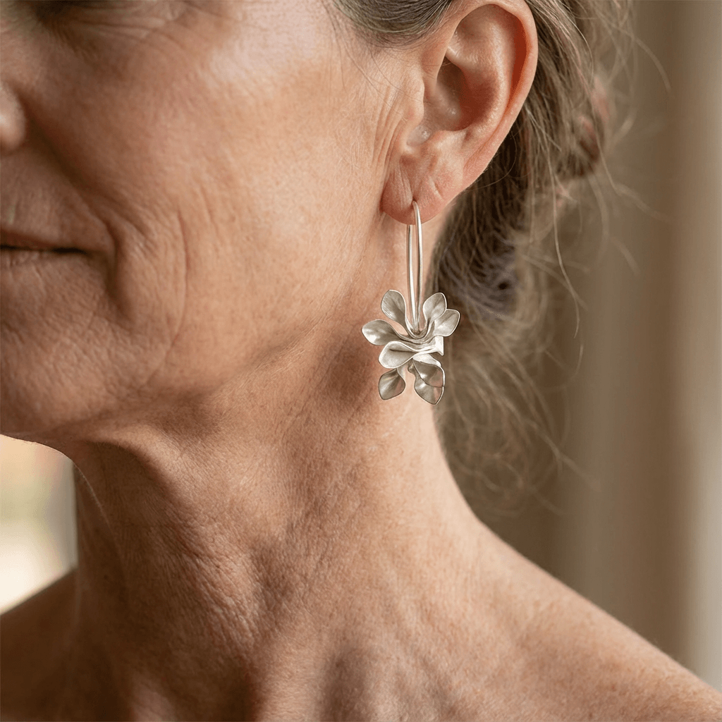 Elegant Silver Floral Hoop Drop Earrings – Grace Parker Jewelry
